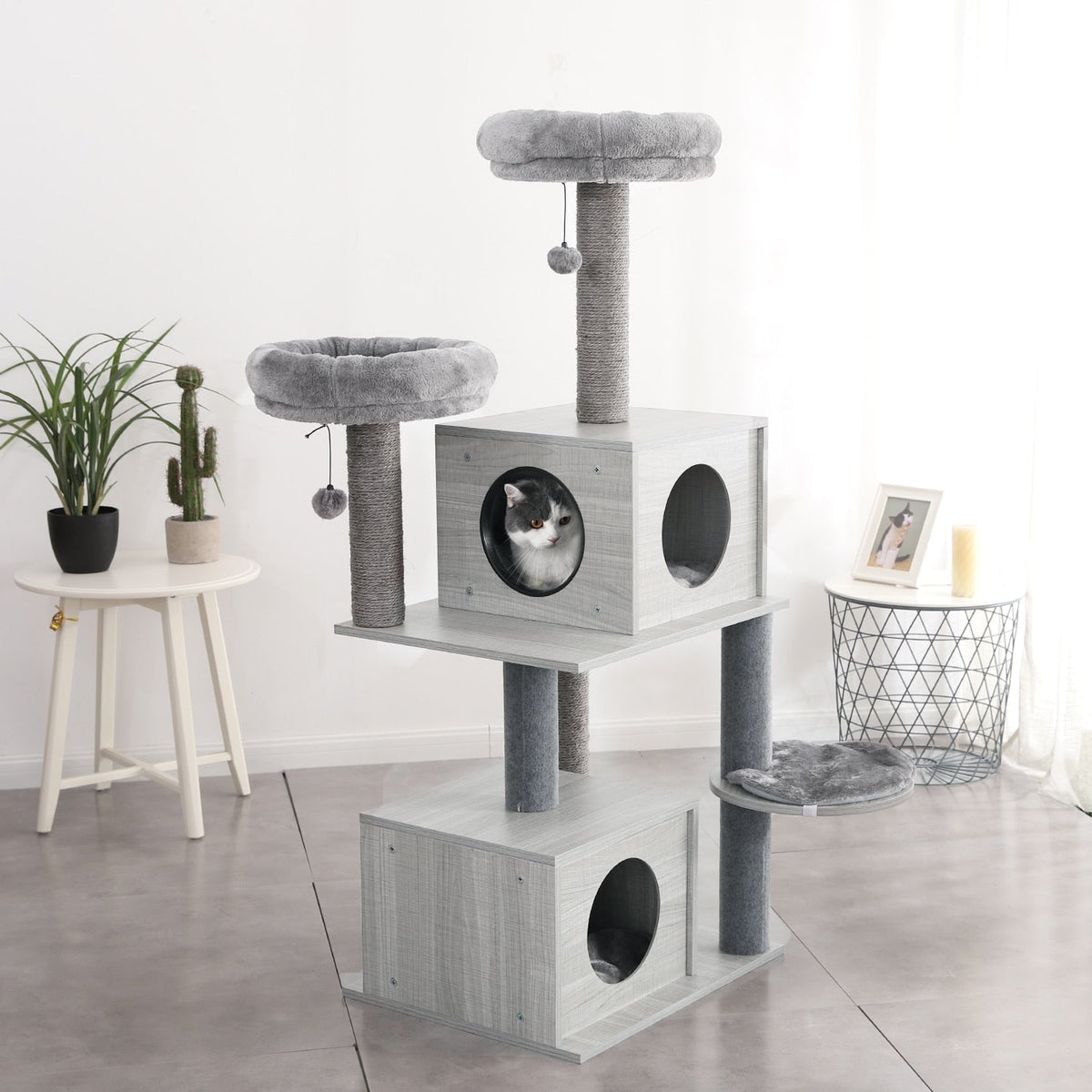 Grey Wood Modern Cat Tree - 141cm | House Of Pets Delight (HOPD)